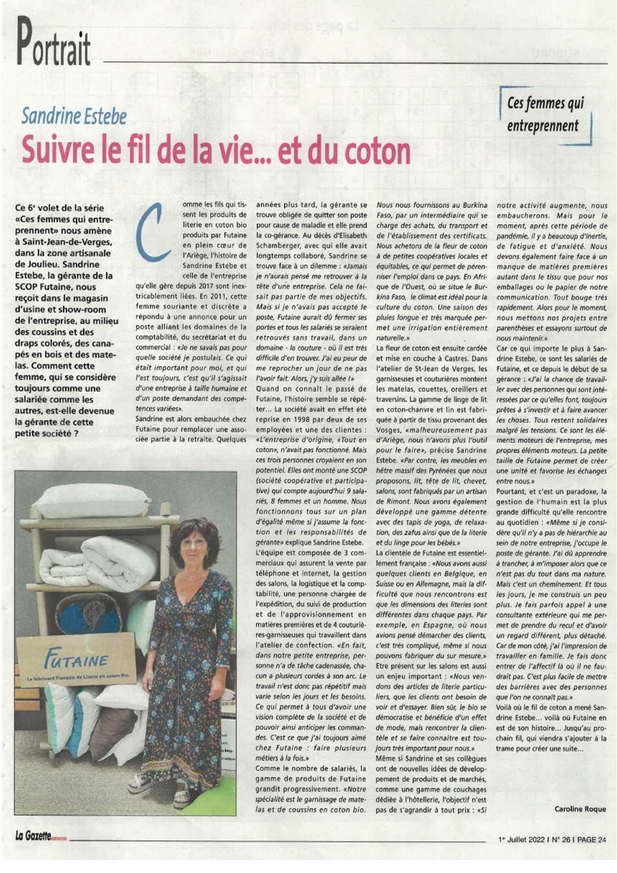Article La Gazette, portrait de Sandrine Estebe, gérante de SCOP